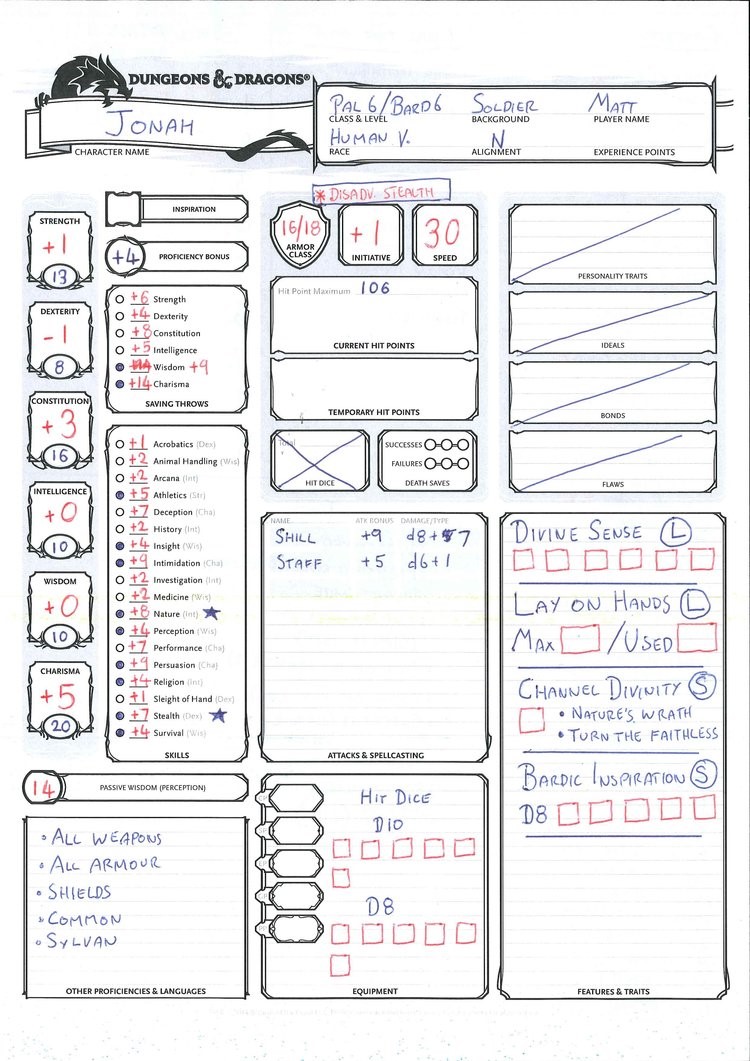Character sheet design - Matty P